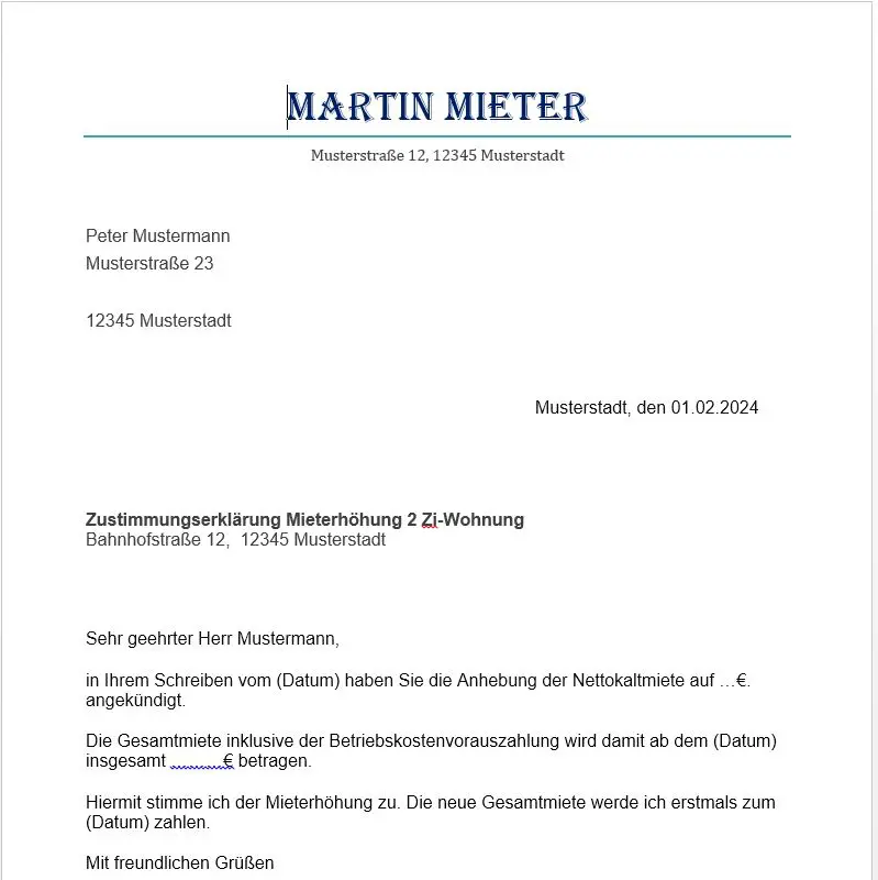 Vorlage, Musterbrief Mieterhöhung